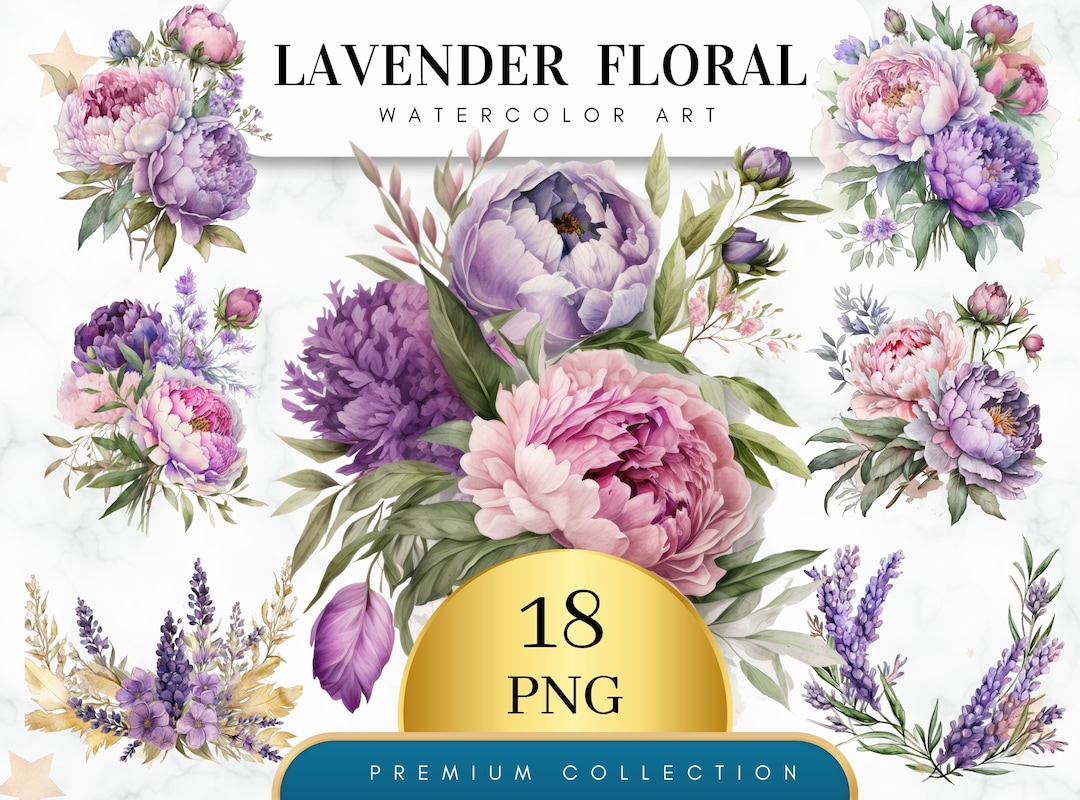 Set of 18, Watercolor Lavender Clipart, Lavender PNG, Floral Clipart ...