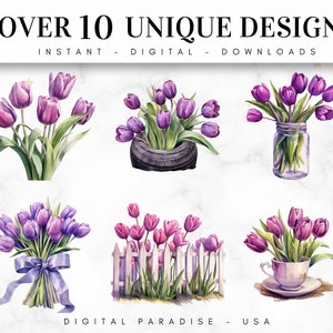 Set of 10, Watercolor Tulips Clipart, Tulip PNG, Spring Flower Clipart ...