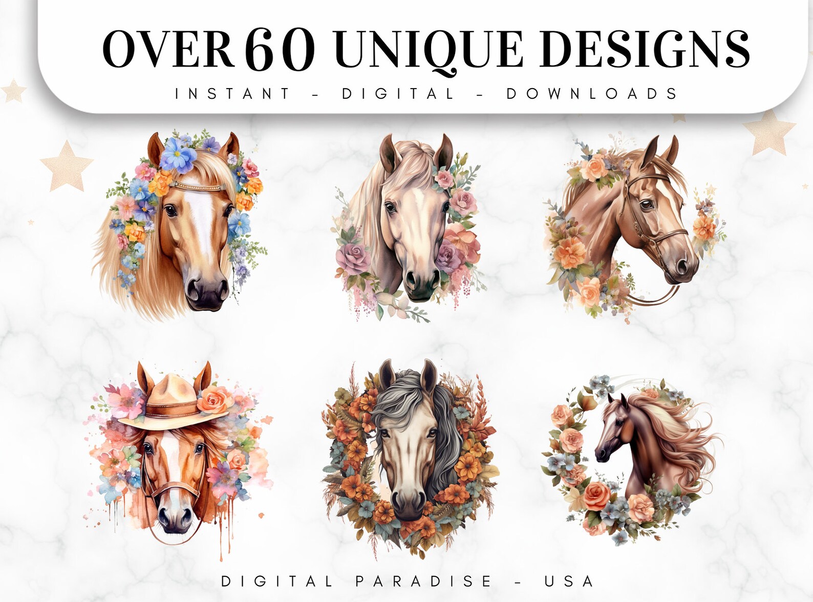 Set of 60, Floral Horses Clipart, Horse PNG, Boho Horse Art, Watercolor ...