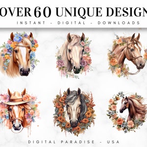 Set of 60, Floral Horses Clipart, Horse PNG, Boho Horse Art, Watercolor ...