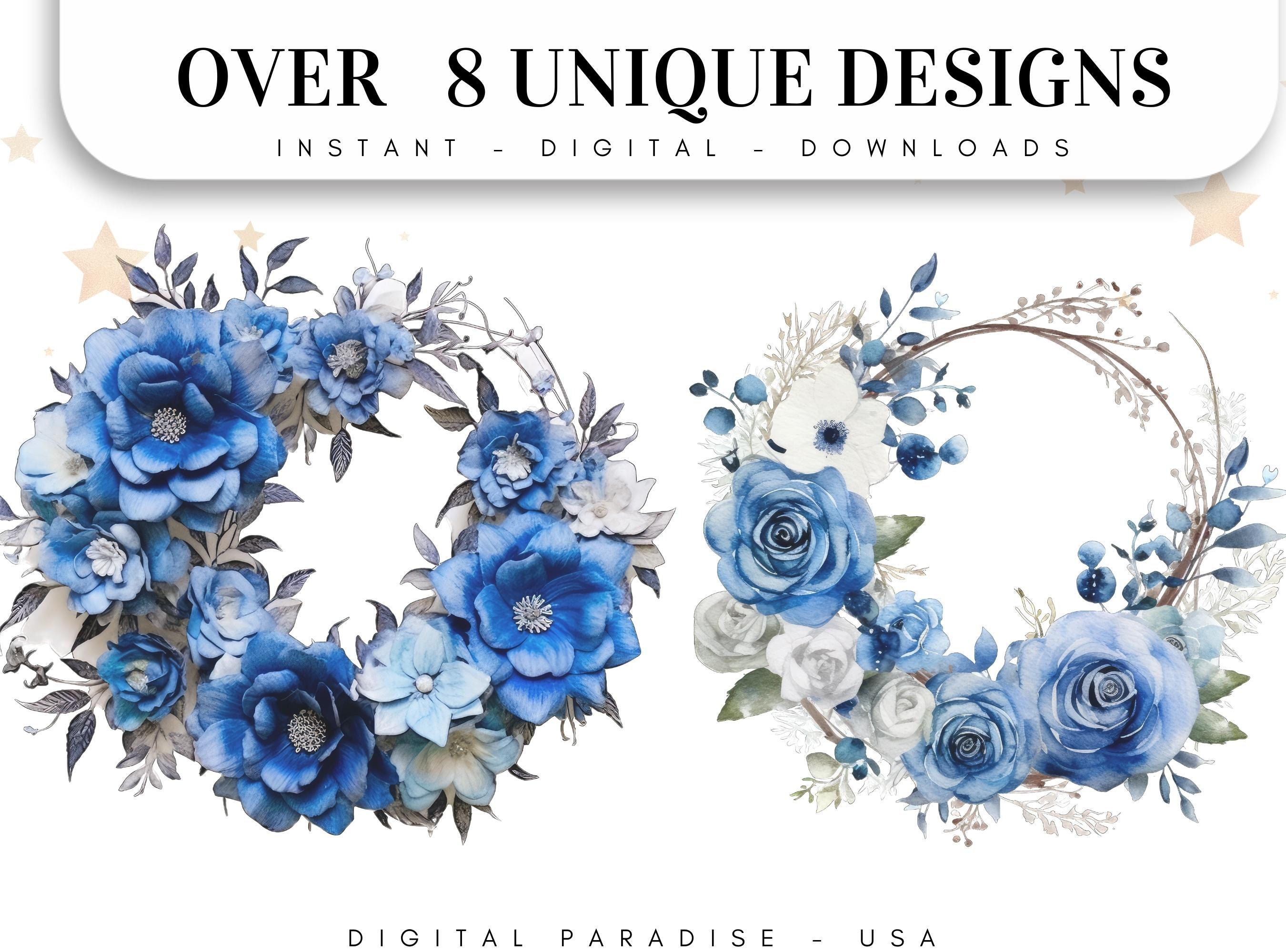 Set of 8, Blue Roses Wreath Watercolor, Floral Frame Clipart ...