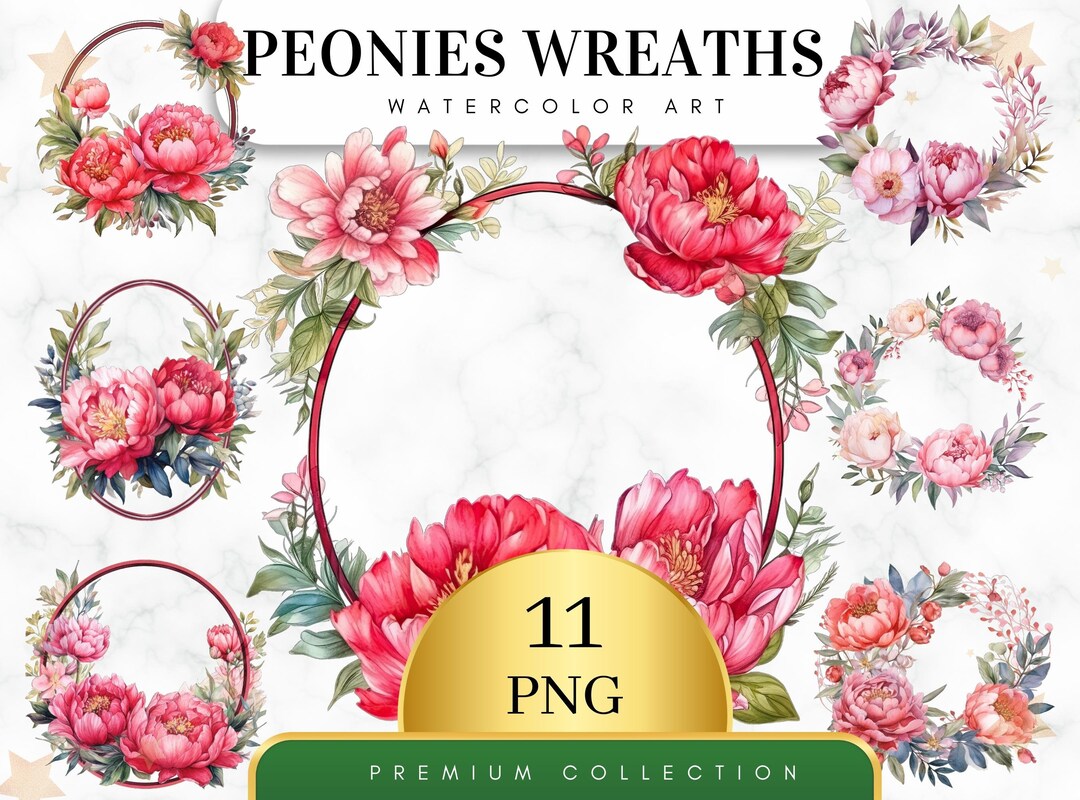 Set of 11, Watercolor Peonies Wreaths, Peonies Floral Clipart ...