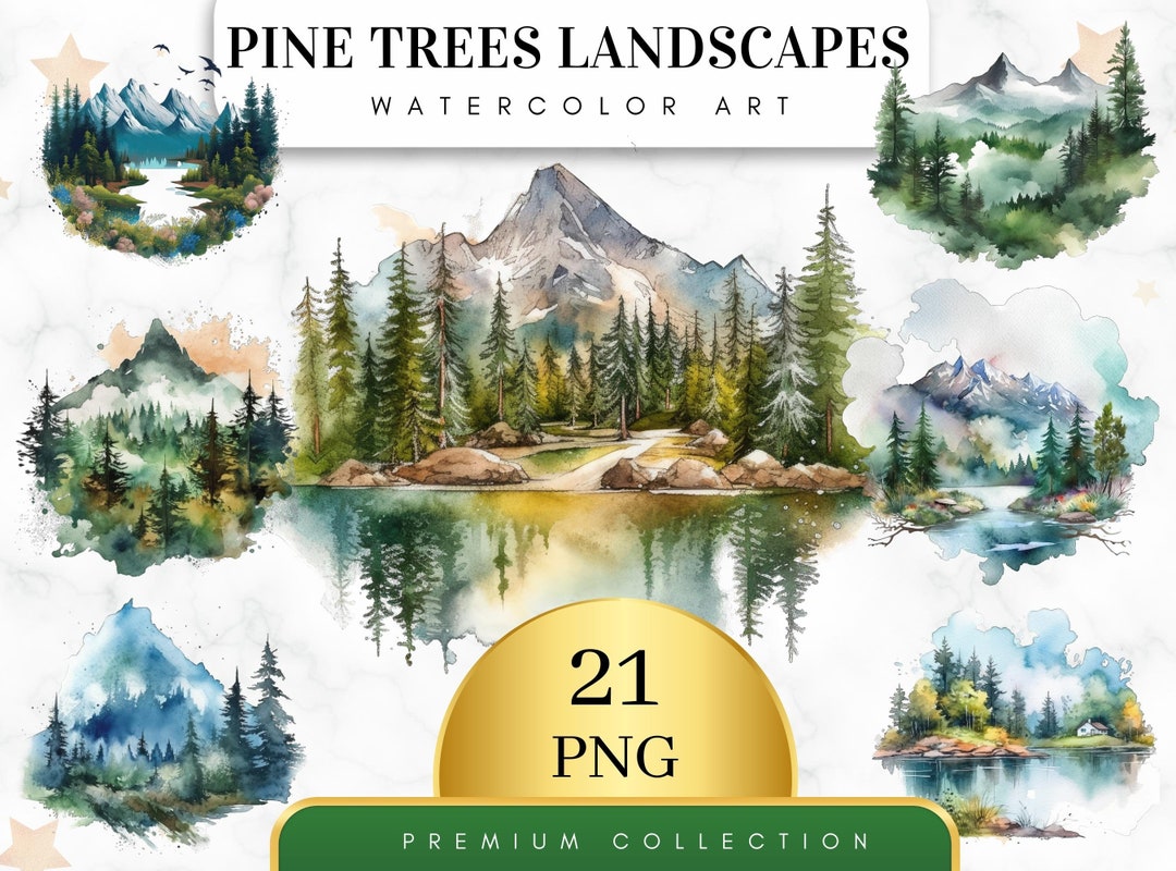 Set of 21, Watercolor Pine Trees Landscape, Pine Tree Clipart, Pine ...