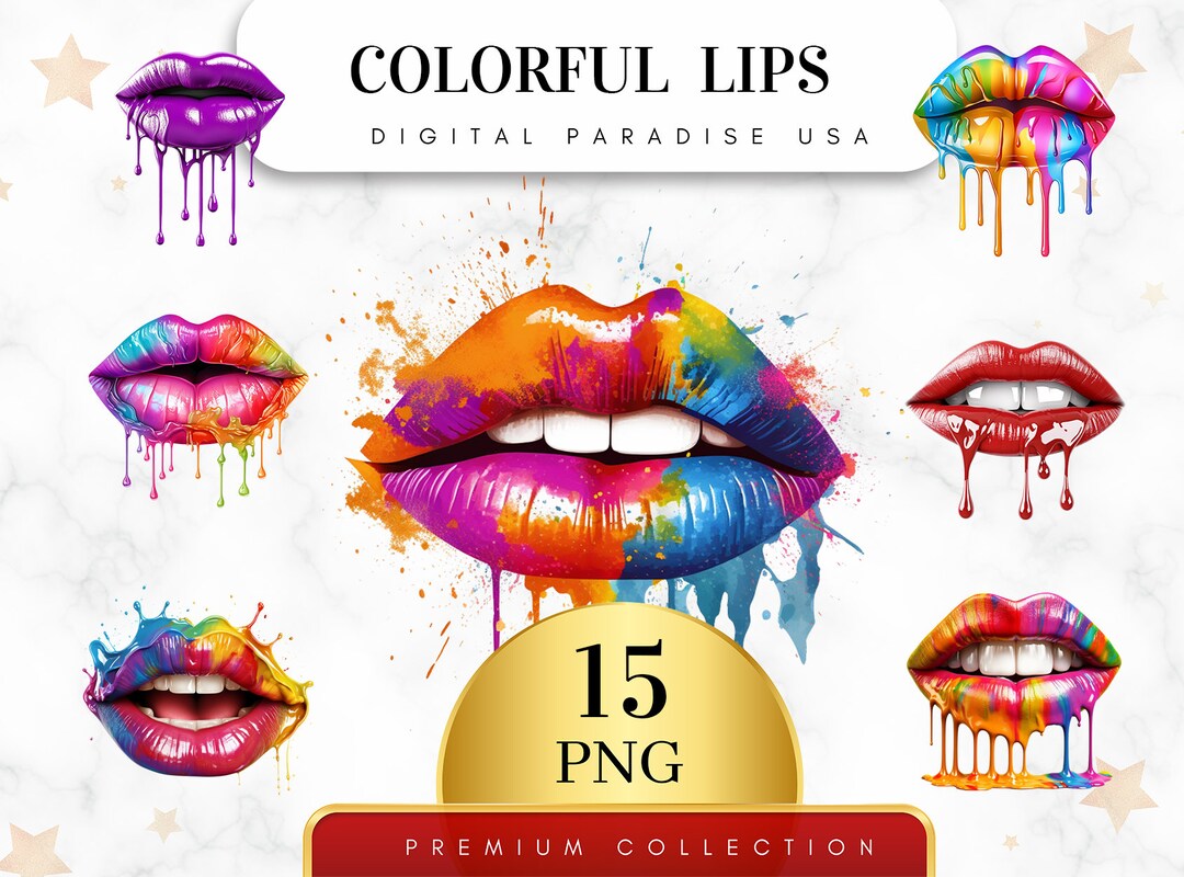 Set of 15, Colorful Lips Clipart, Lipstick Kisses, Lip Clip Art, Makeup ...