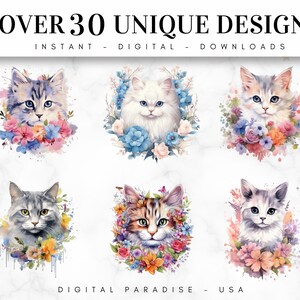 Set of 30, Cute Floral Cat Clipart, Floral Cat PNG, Flower Cat Clipart ...
