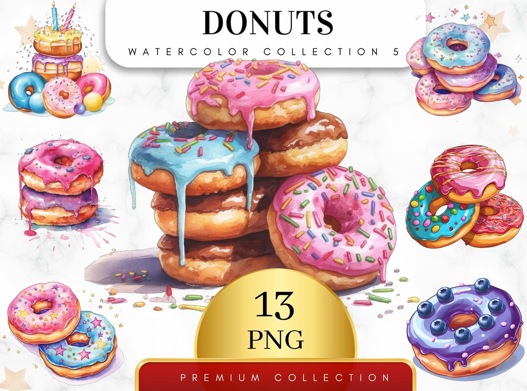 Set of 13, Watercolor Donuts Art, Donuts Clip Art, Dessert Clipart ...