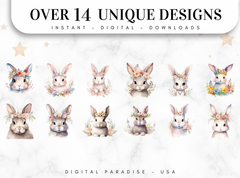 Set of 14, Floral Bunny Clipart, Floral Bunny PNG, Bunny Clipart ...