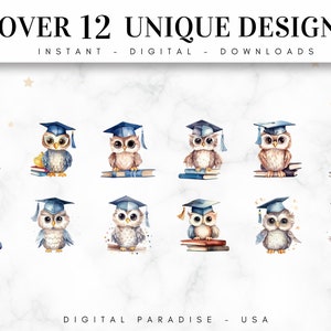 Set of 12, Owl Graduation Clipart, Owl PNG, Graduation Party Decor ...