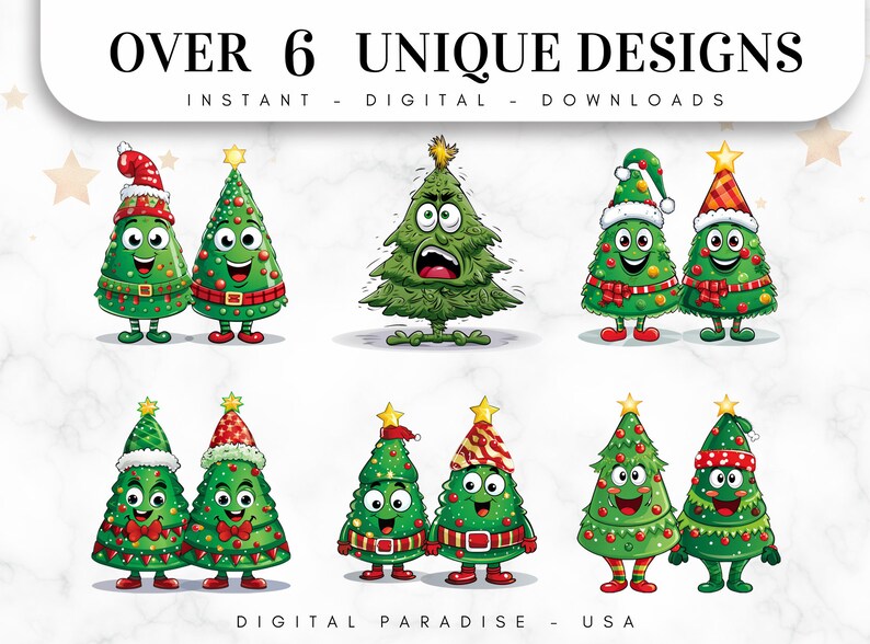 Set of 6, Cute Christmas Trees Clipart, Christmas Tree PNG, Christmas ...