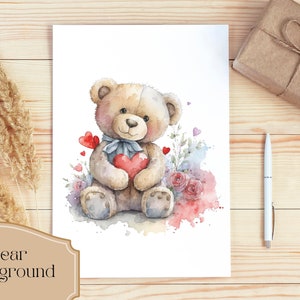 Set of 10, Watercolor Teddy Bears in Love, Teddy Bear PNG, Nursery Art ...