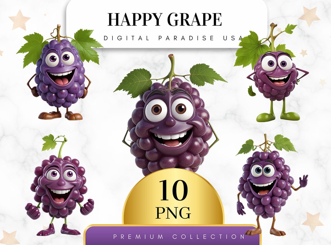 Set of 10, Happy Grape Clipart Bundle, Fruit Clipart, Grape PNG ...
