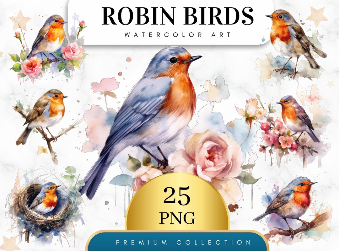 Set of 25, Watercolor Robin Birds Clipart, Spring Birds Clipart ...