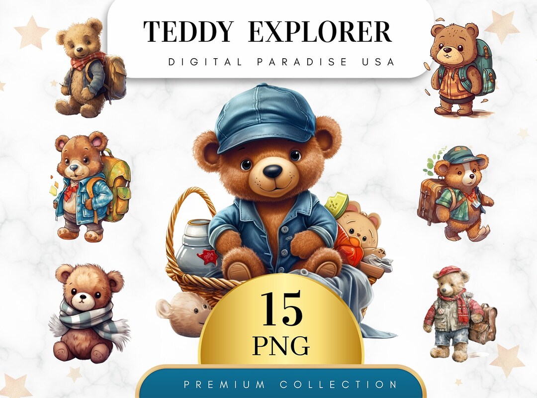 Set of 15, Teddy Explorer Clipart, Teddy Bear PNG, Nursery Art, Cute ...