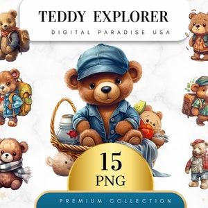 Set of 15, Teddy Explorer Clipart, Teddy Bear PNG, Nursery Art, Cute ...