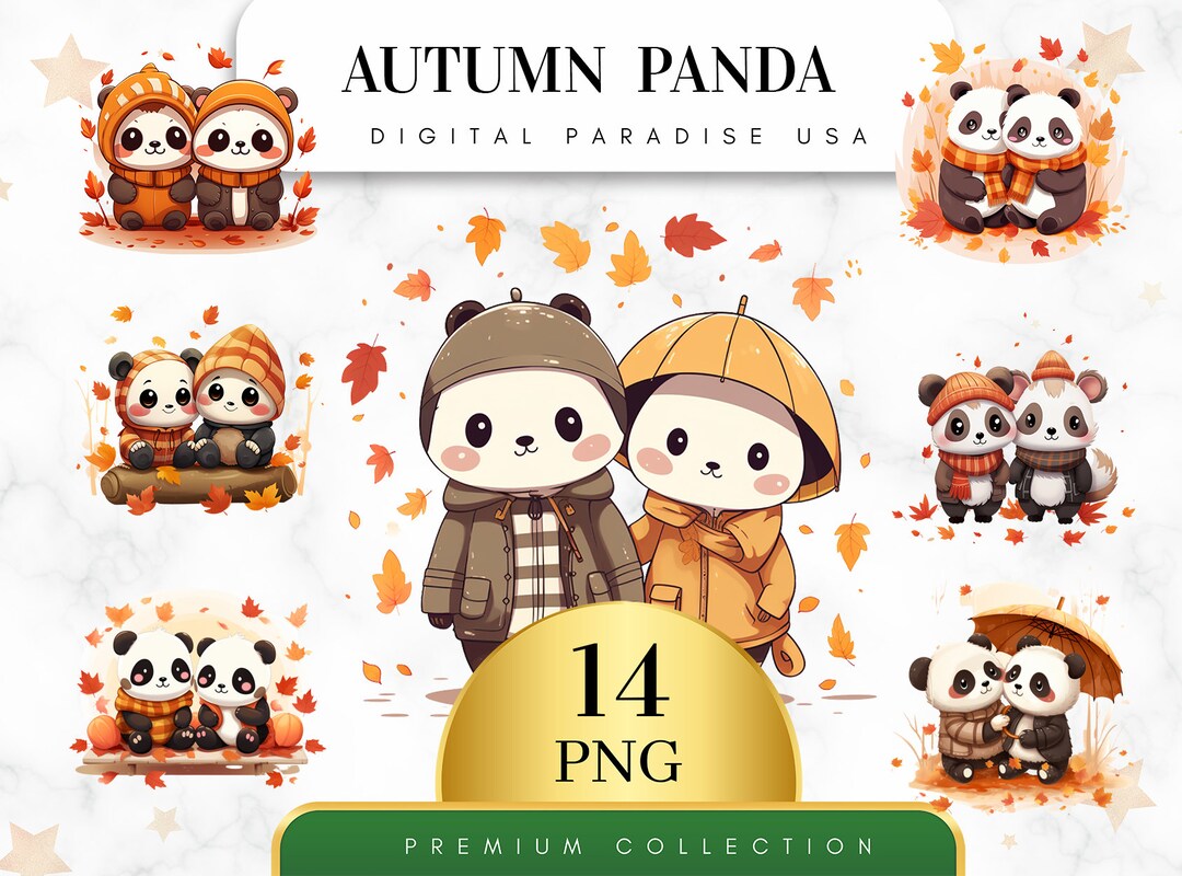 Set of 14, Autumn Panda Clipart, Panda PNG, Fall Clipart, Autumn ...