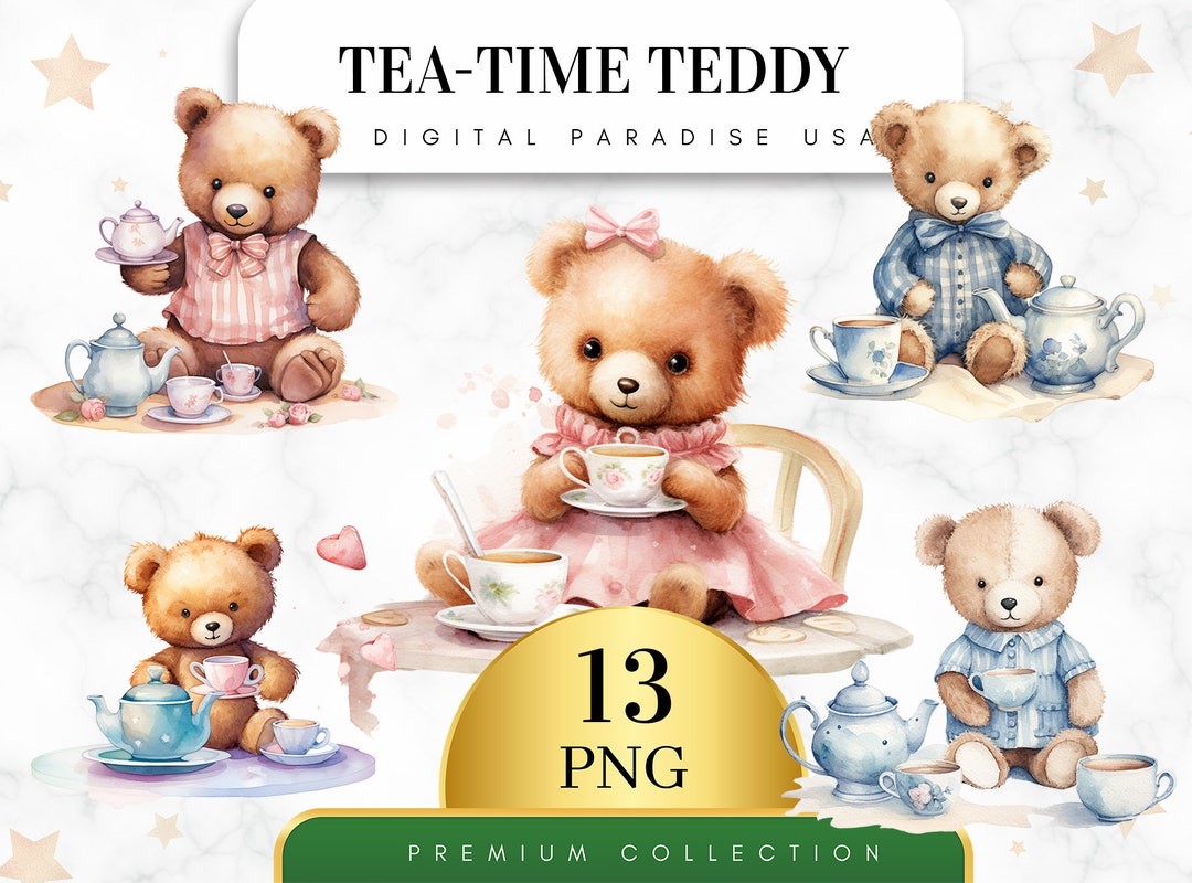 Set of 13, Tea-time Teddy Clipart, Teddy Bear PNG, Junk Journal Clipart ...