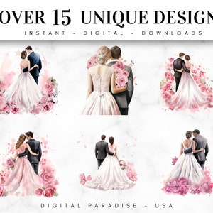 Set of 15, Wedding Couples Pink Backside, Wedding Day Clipart PNG ...
