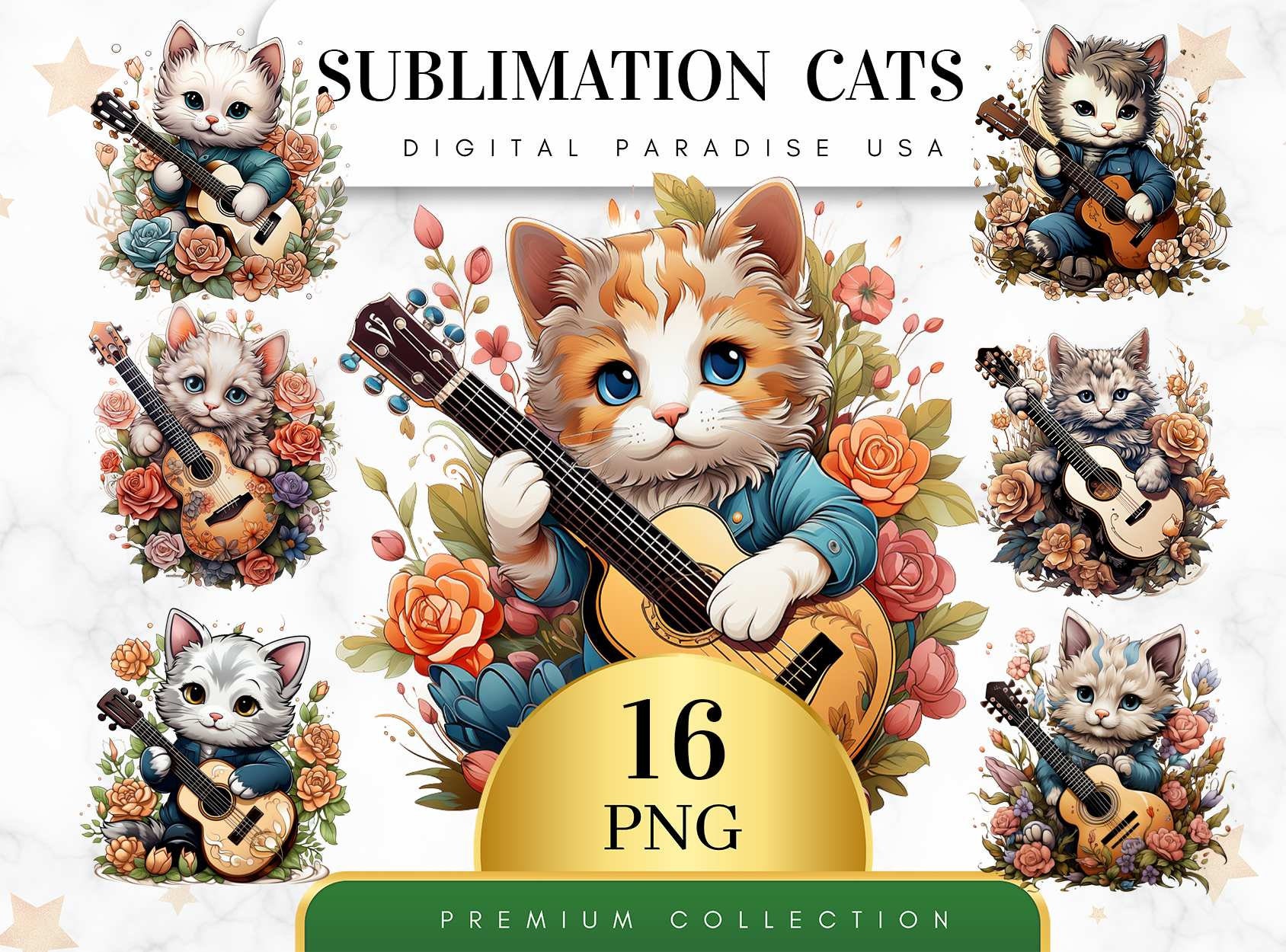 Set of 16, Sublimation Cats Clipart, Cat Illustrations, Cat PNG ...