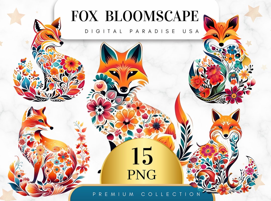 Set of 15, Watercolor Fox Bloomscape, Fox Clipart, Fox PNG, Floral Fox ...