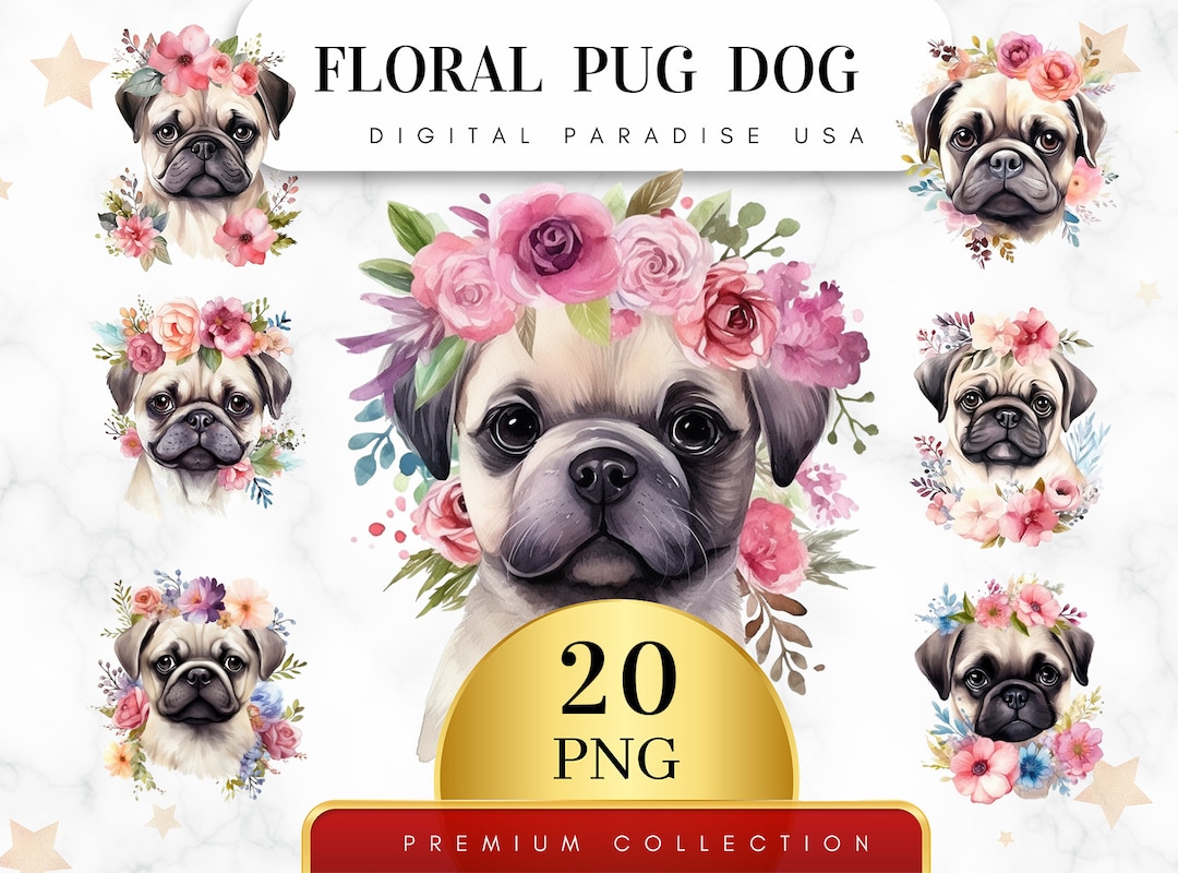 Set of 20, Floral Pug Dog Clipart, Pug Dog Png, Floral Dog, Dog PNG ...