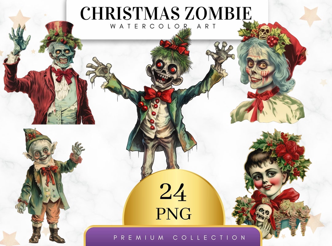 Set of 24, Christmas Zombie Clipart, Zombie PNG, Watercolor Zombie ...