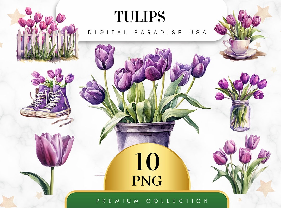 Set of 10, Watercolor Tulips Clipart, Tulip PNG, Spring Flower Clipart ...
