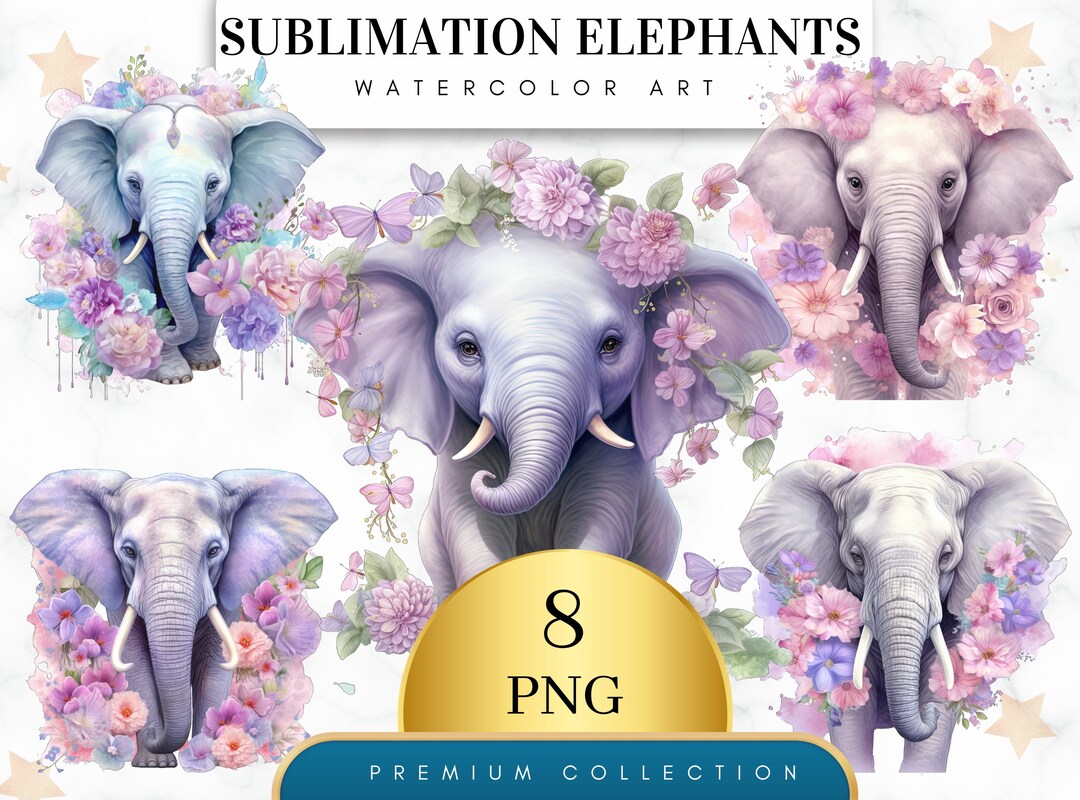 Set of 8, Watercolor Elephants Clipart, Elephant PNG, Cute Elephant ...