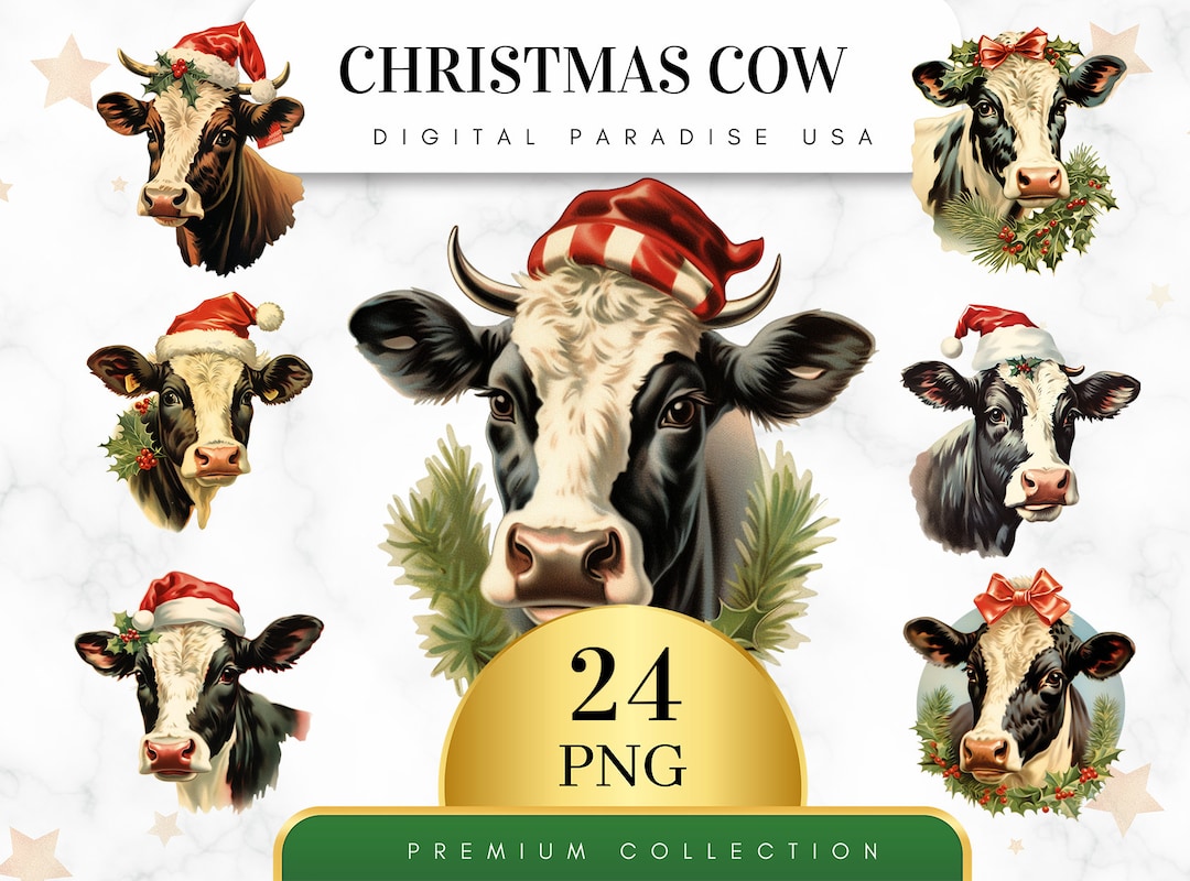 Set of 24, Christmas Cow Clipart, Cow PNG, Watercolor Christmas Cow ...