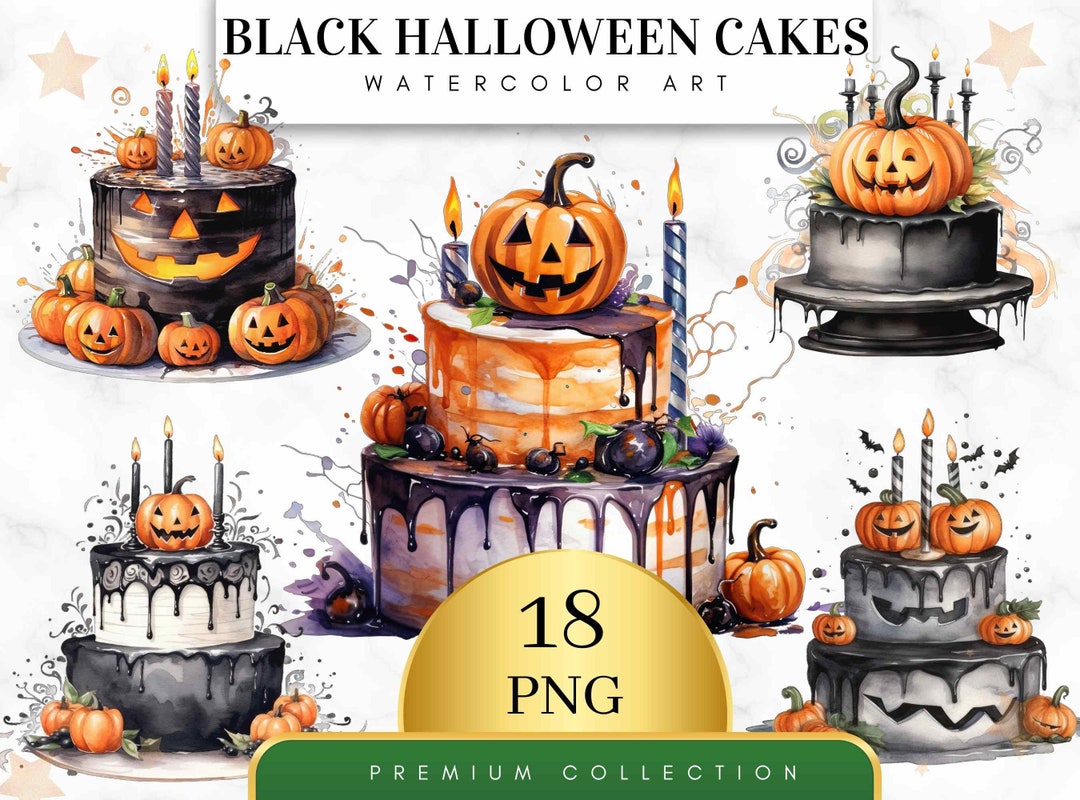 Set of 18, Black Halloween Cake Clipart, Spooky Cake PNG, Halloween ...