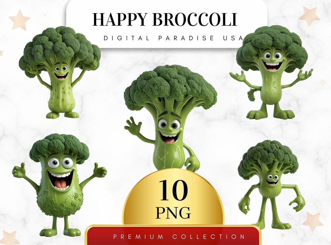 Set of 10, Happy Broccoli Clipart, Cute Vegetable PNG, Kids Clipart ...