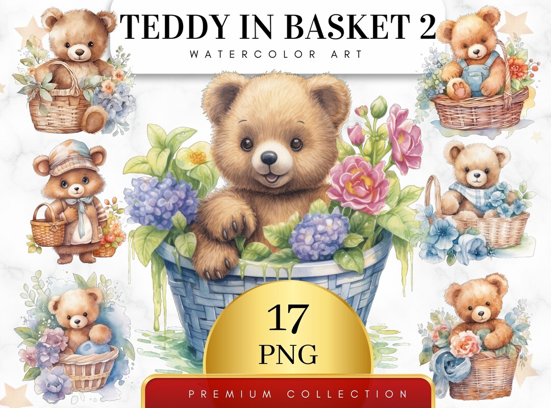 Set of 17, Watercolor Teddy Bear in Basket, Teddy Bear PNG, Nursery Art, Kawaii Teddy Bear ...