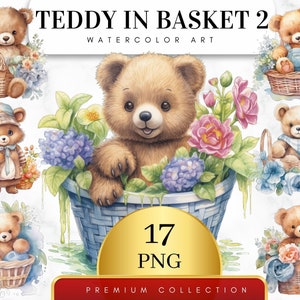 Set of 17, Watercolor Teddy Bear in Basket, Teddy Bear PNG, Nursery Art ...