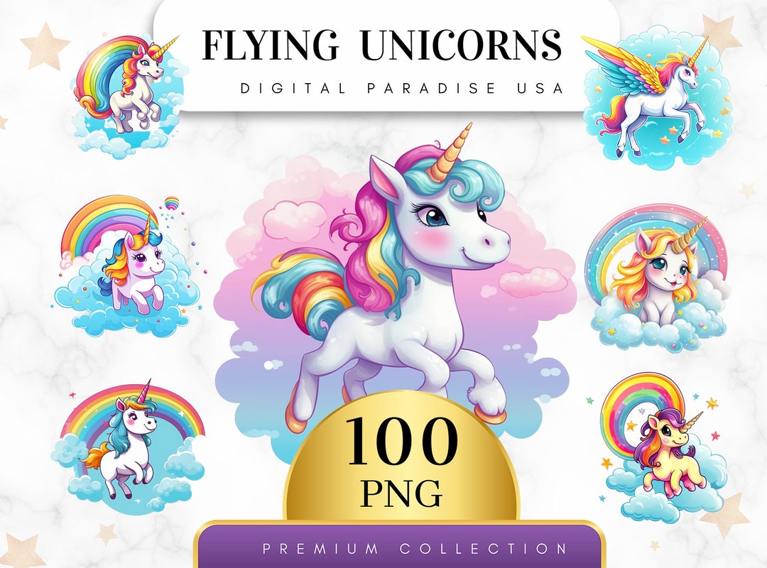 Set of 100, Flying Unicorns Clipart, Unicorn PNG, Magical Unicorn ...