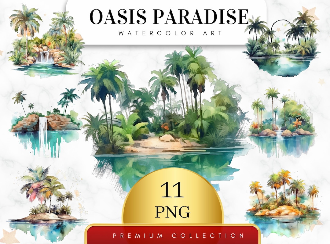 Set of 11, Watercolor Oasis Paradise Clipart, Oasis Paradise Png, Oasis ...