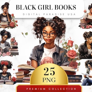 Set of 25, Black Girl Books Clipart, African American Reading, Afro ...