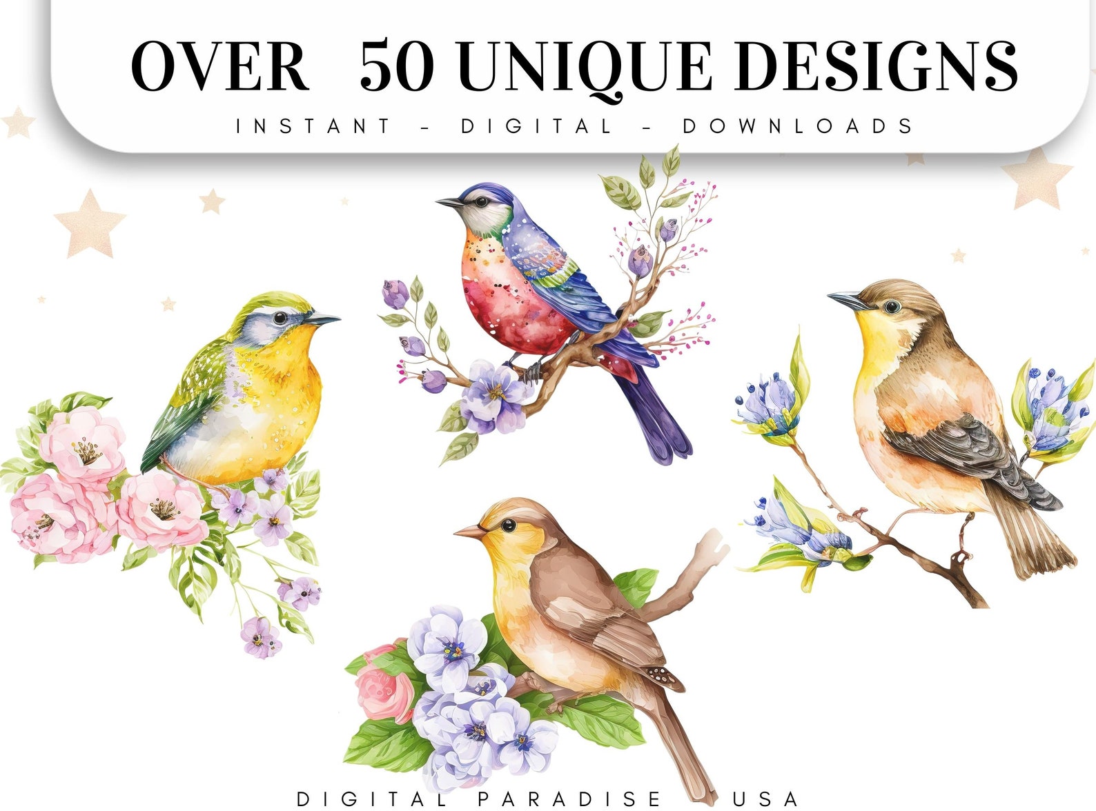 Set of 50, Watercolor Birds Clipart Bundle, Spring Birds Clipart, Birds ...