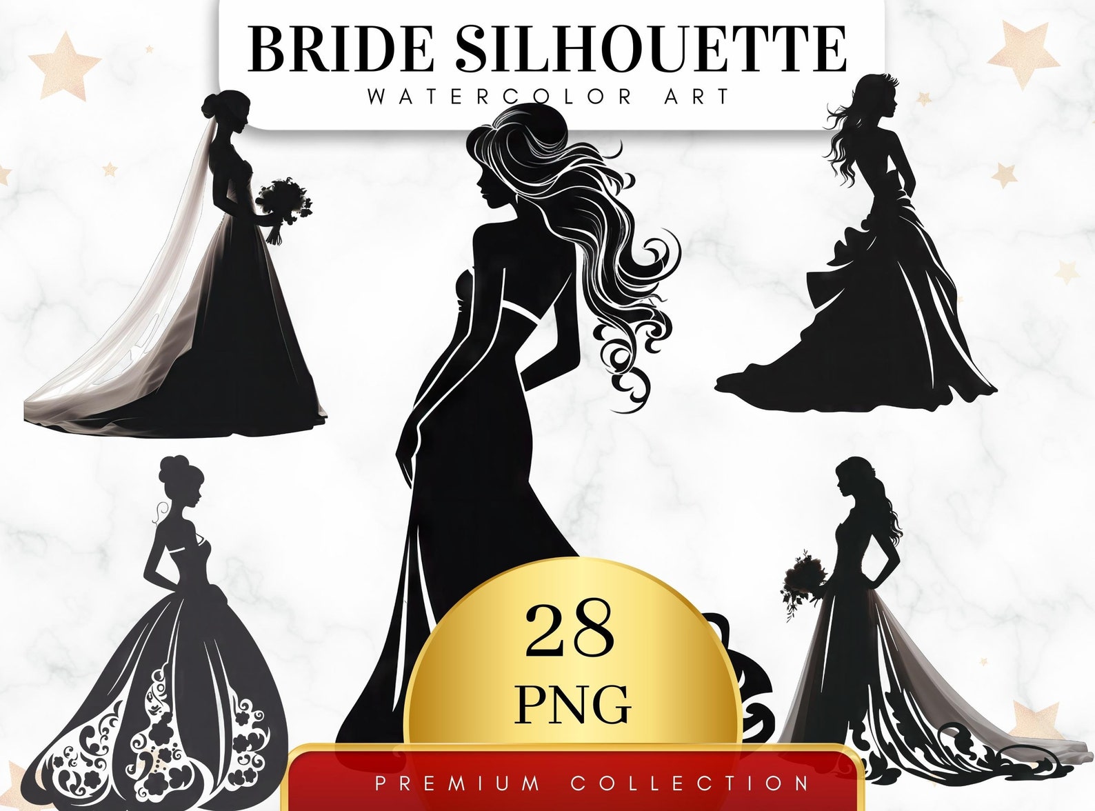Set of 28, Bride Silhouette Clipart, Wedding Silhouette PNG, Bridal ...