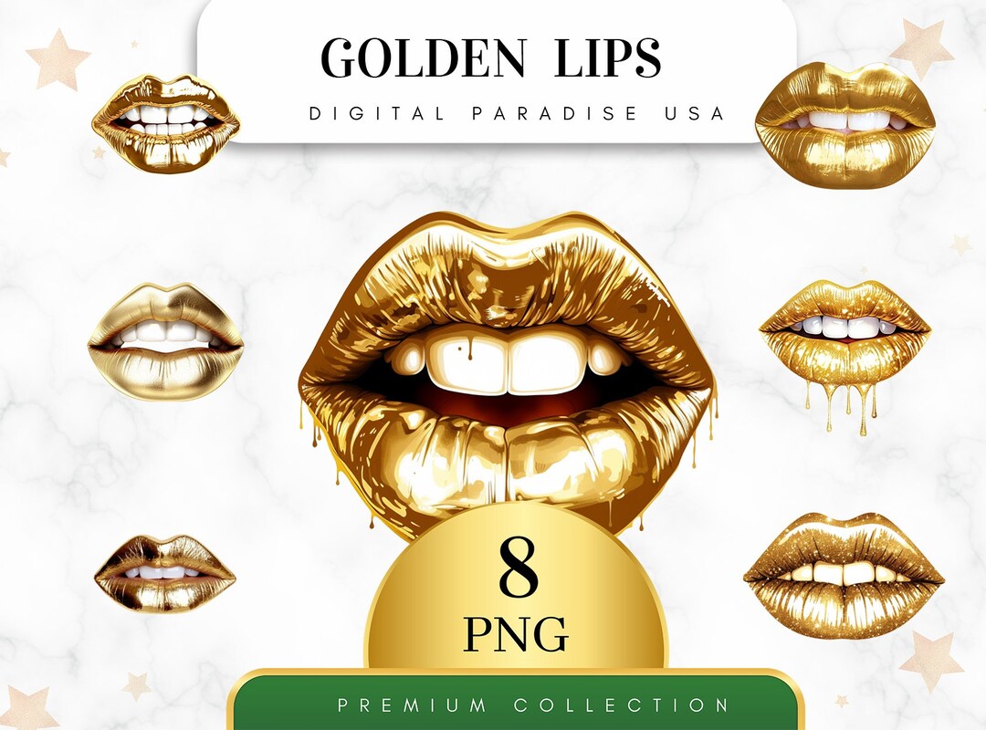 Set of 8, Golden Lips Clipart, Lips PNG, Glamorous Lips, Lipstick ...