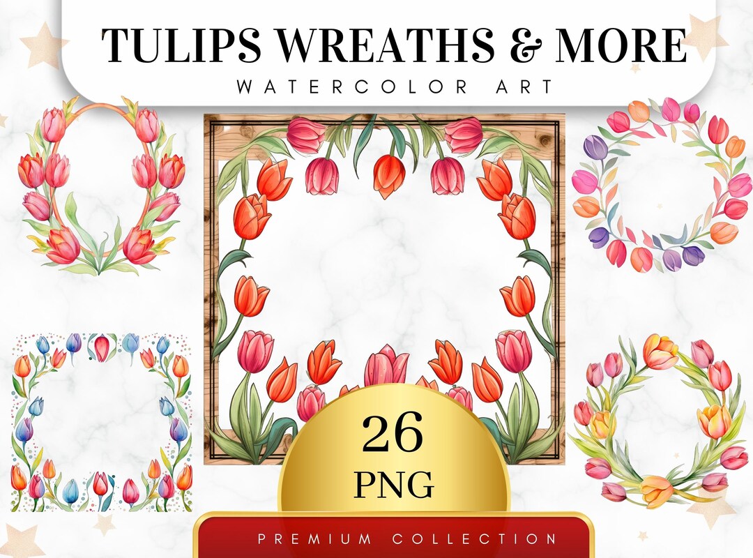 Set of 26, Tulips Wreath Clipart, Tulip PNG, Floral Frame Clipart ...