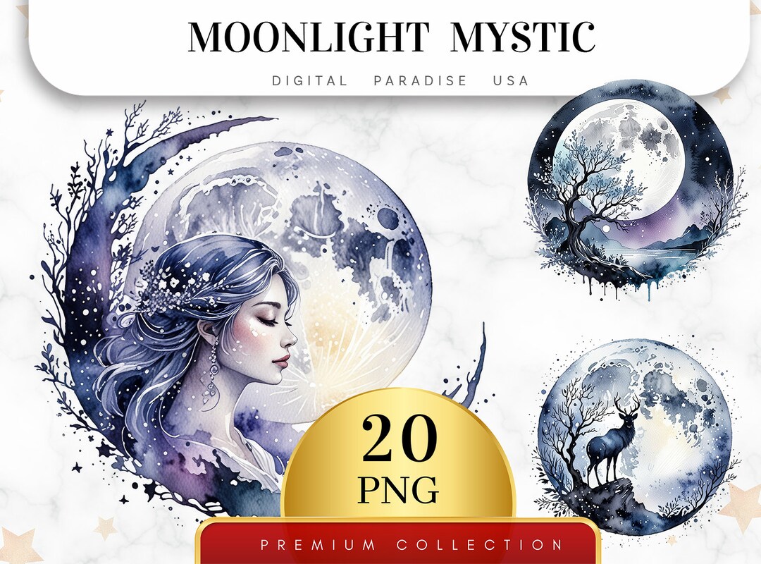 Set of 20, Moonlight Mystic Clipart, Celestial Clipart, Mystic Moon PNG ...