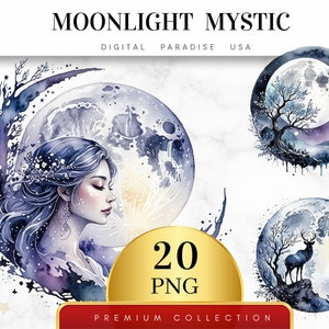 Set of 20, Moonlight Mystic Clipart, Celestial Clipart, Mystic Moon PNG ...
