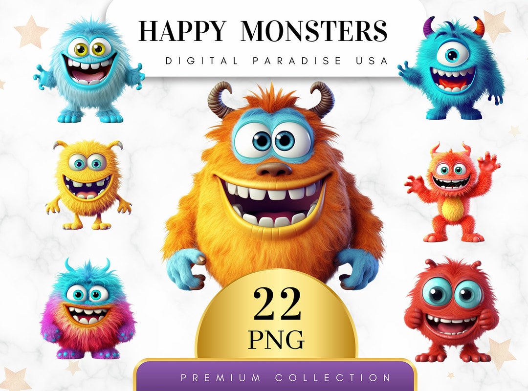 Set of 22, Happy Monsters Clipart, Cute Monster PNG, Halloween Junk ...