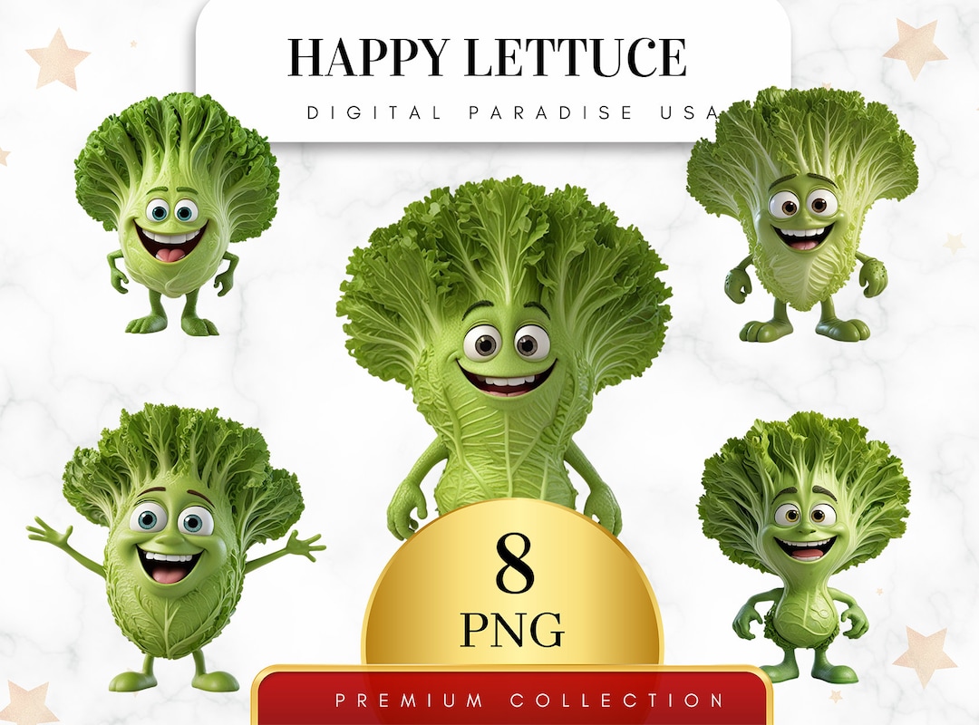 Set of 8, Happy Lettuce Clipart, Salad Clipart, Vegetable Clipart ...