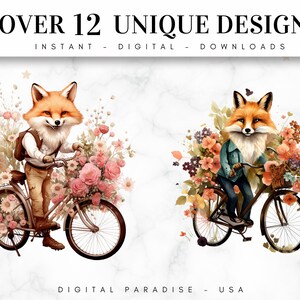 Set of 12, Fox Floral Bike Clipart, Bike Clipart, Fox Clipart, Bike PNG ...