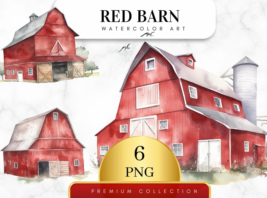 Set of 6, Red Farm Barn Watercolor Clipart, Farmhouse Clipart, Barn ...