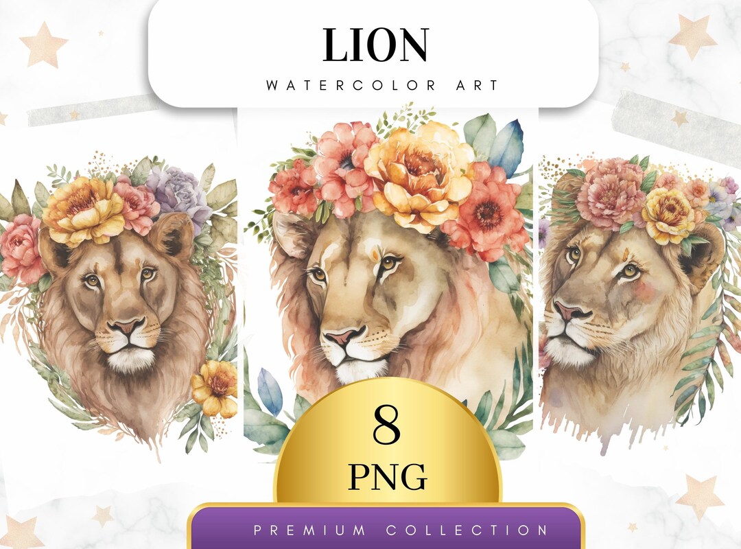 Set of 8, Watercolor Lion Clipart, Lion PNG, Boho Lion Set, Watercolor ...