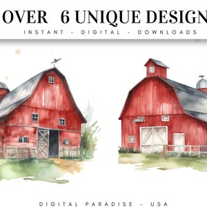 Set of 6, Red Farm Barn Watercolor Clipart, Farmhouse Clipart, Barn ...