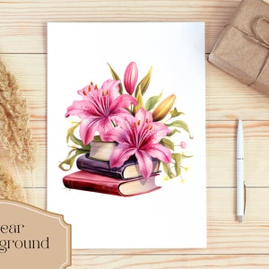 Set of 4, Pink Lily Books Clipart, Lily Flower Clipart, Book Clipart ...