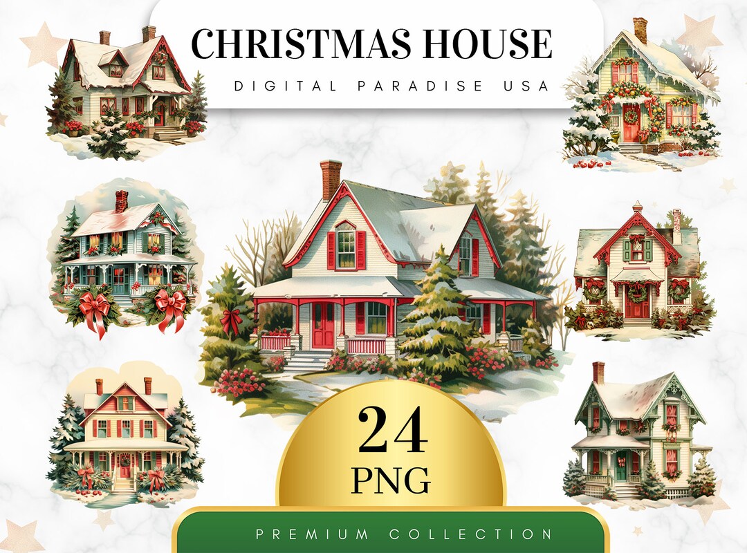 Set of 24, Christmas House Clipart, Winter Village PNG, Holiday Clipart ...