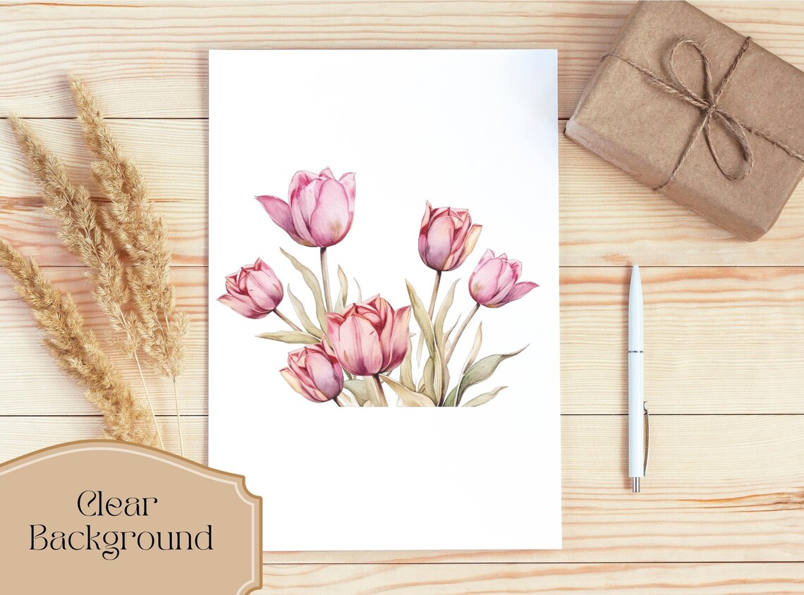 Set of 12, Watercolor Pink Tulips Clipart, Tulips PNG, Floral Clipart ...